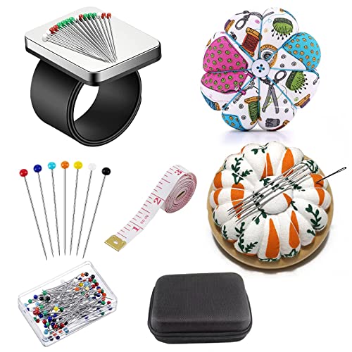 104PCS Pin Cushion for Sewing Kit Wrist Pin Cushion Pumpkin Pad with Elastic Wrist Belt 100 Straight Sewing Pins Wood Base Magnetic Needle Pin pad 60’‘ Pocket Measuring Sewing Products for DIY