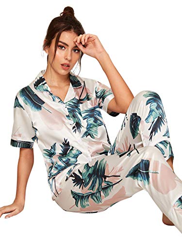 Floerns Women's Printed Two Piece Short Sleeve Sleepwear Long Pants Pajamas Sets A White S
