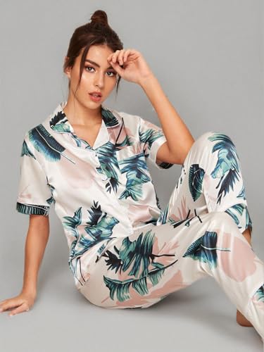 Floerns Women's Printed Two Piece Short Sleeve Sleepwear Long Pants Pajamas Sets A White S