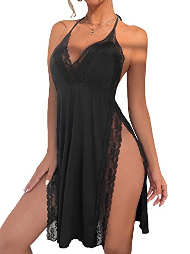 WDIRARA Women's Lace Trim Halter Tie Backless Nightgown Chemise Split Night Dress Black M