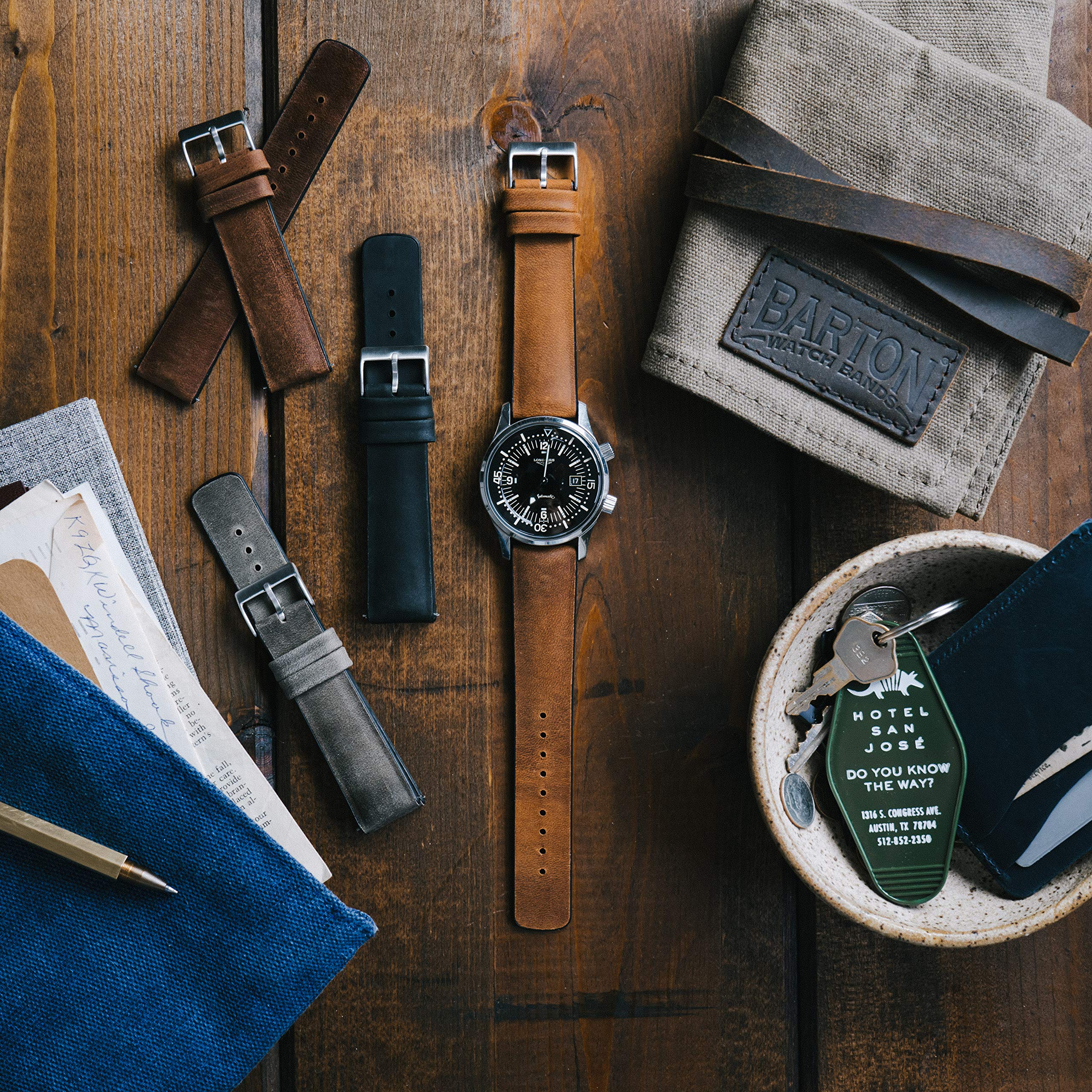 BARTON WATCH BANDS, 20mm Walnut Brown - Leather and Rubber Hybrid Watch Bands with Integrated Quick Release Spring Bars - 316L Stainless Steel - Choose Strap Color & Width
