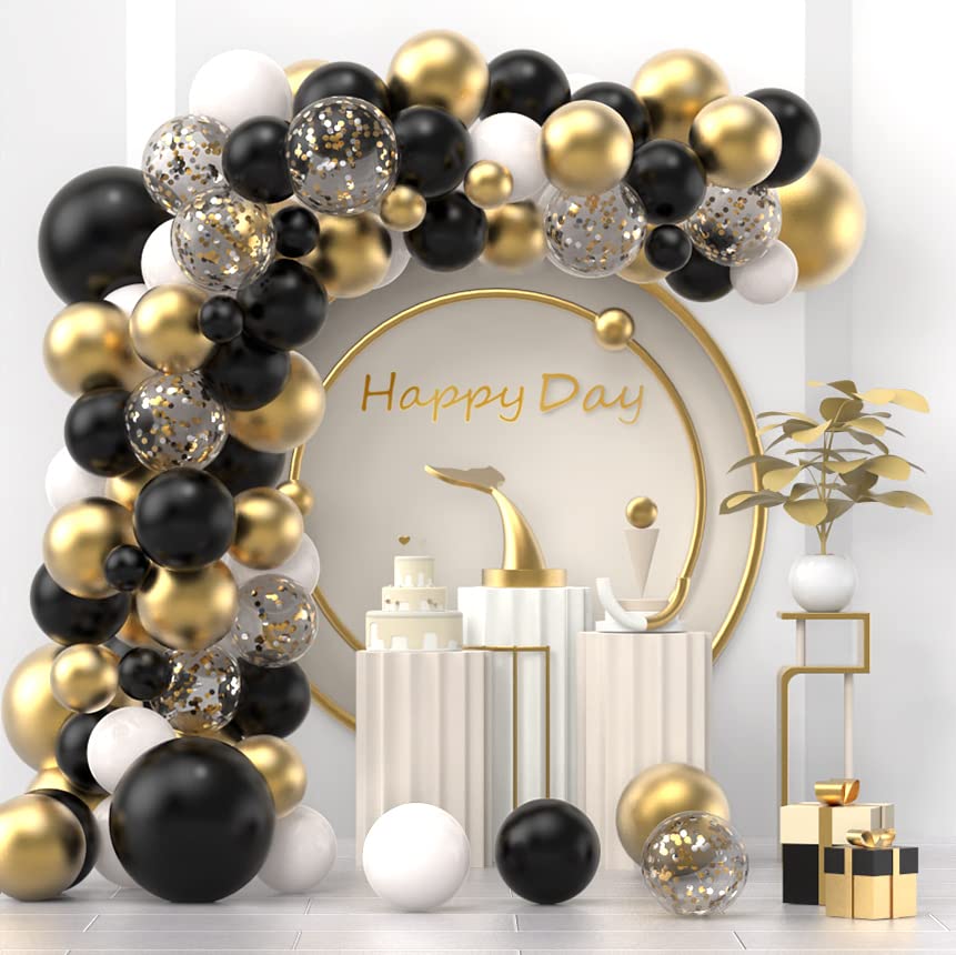 Black and Gold Balloons Garland Arch Kit, 124pcs 18 12 10 5 In Black White Metallic Gold Confetti Latex Balloons Arch Kit for Graduation Baby Shower Birthday Wedding With Balloon Strip and Gold Ribbon