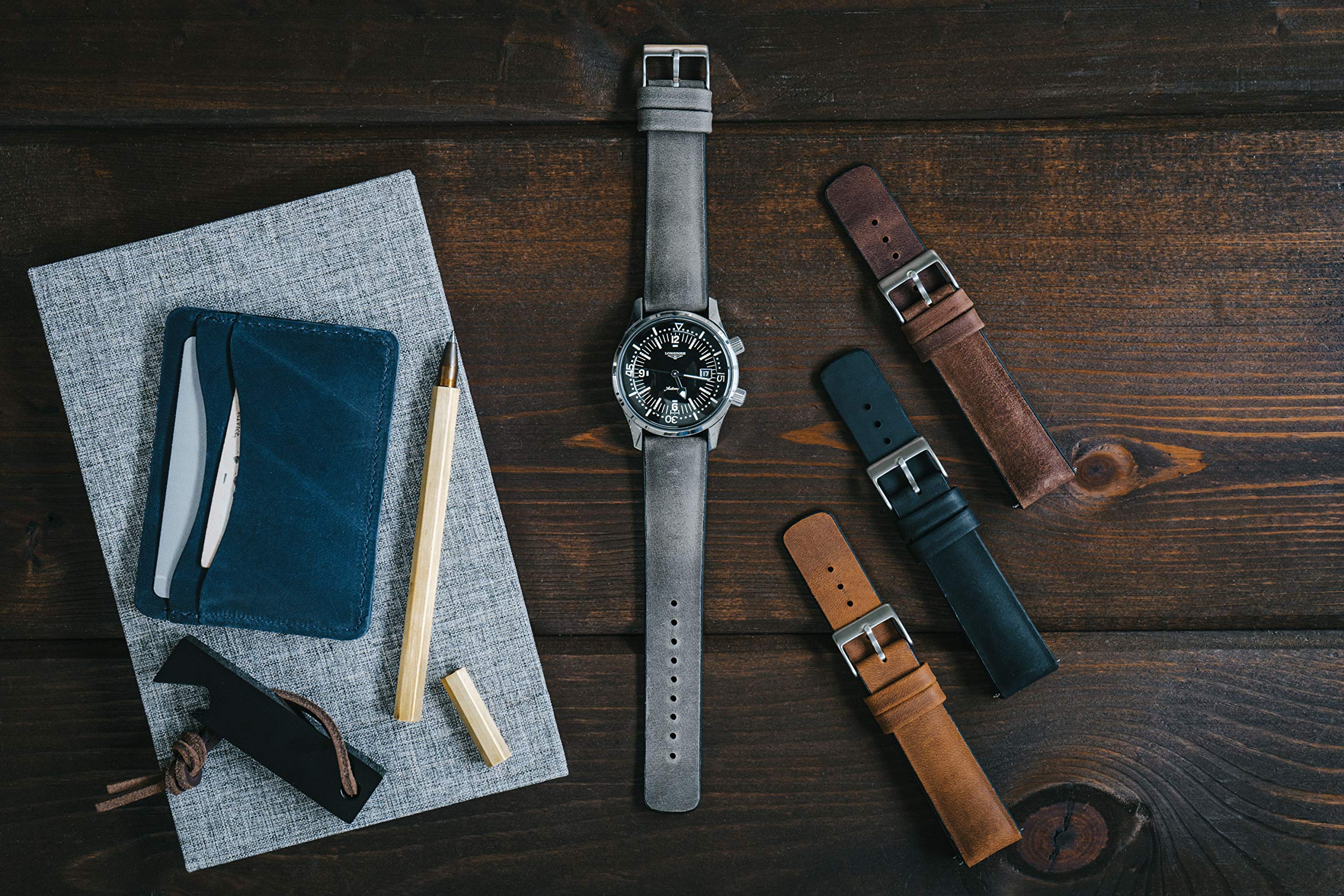 BARTON WATCH BANDS, 20mm Walnut Brown - Leather and Rubber Hybrid Watch Bands with Integrated Quick Release Spring Bars - 316L Stainless Steel - Choose Strap Color & Width