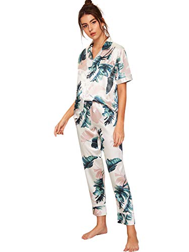 Floerns Women's Printed Two Piece Short Sleeve Sleepwear Long Pants Pajamas Sets A White S