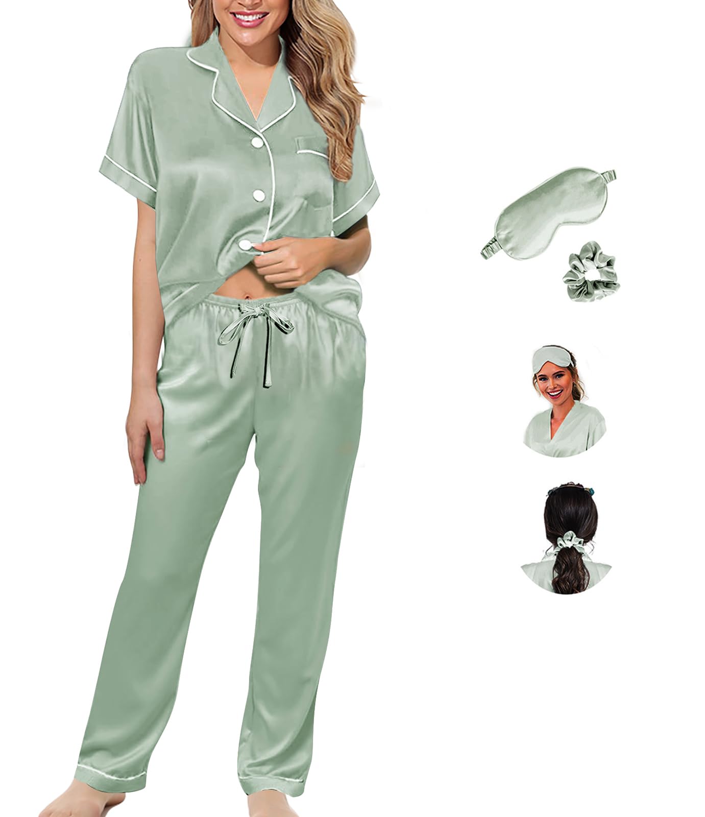WJing Yi Jia Womens Pajamas Set XS-4XL Silk Satin Pajama Sets Short Pj Sets Button Down Pjs Set Loungewear Sleepwear
