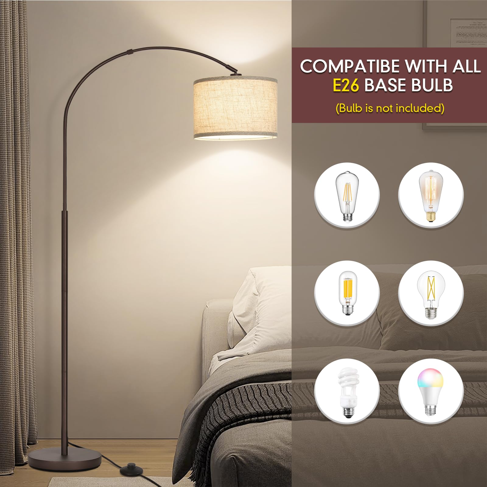 Floor Lamp for Living Room, Arc Floor Lamp with Adjustable Head, Modern Arched Floor Lamp with On/Off Pedal Switch, Over Couch Tall Standing Hanging Light for Reading, Bedroom, Office (Brown)