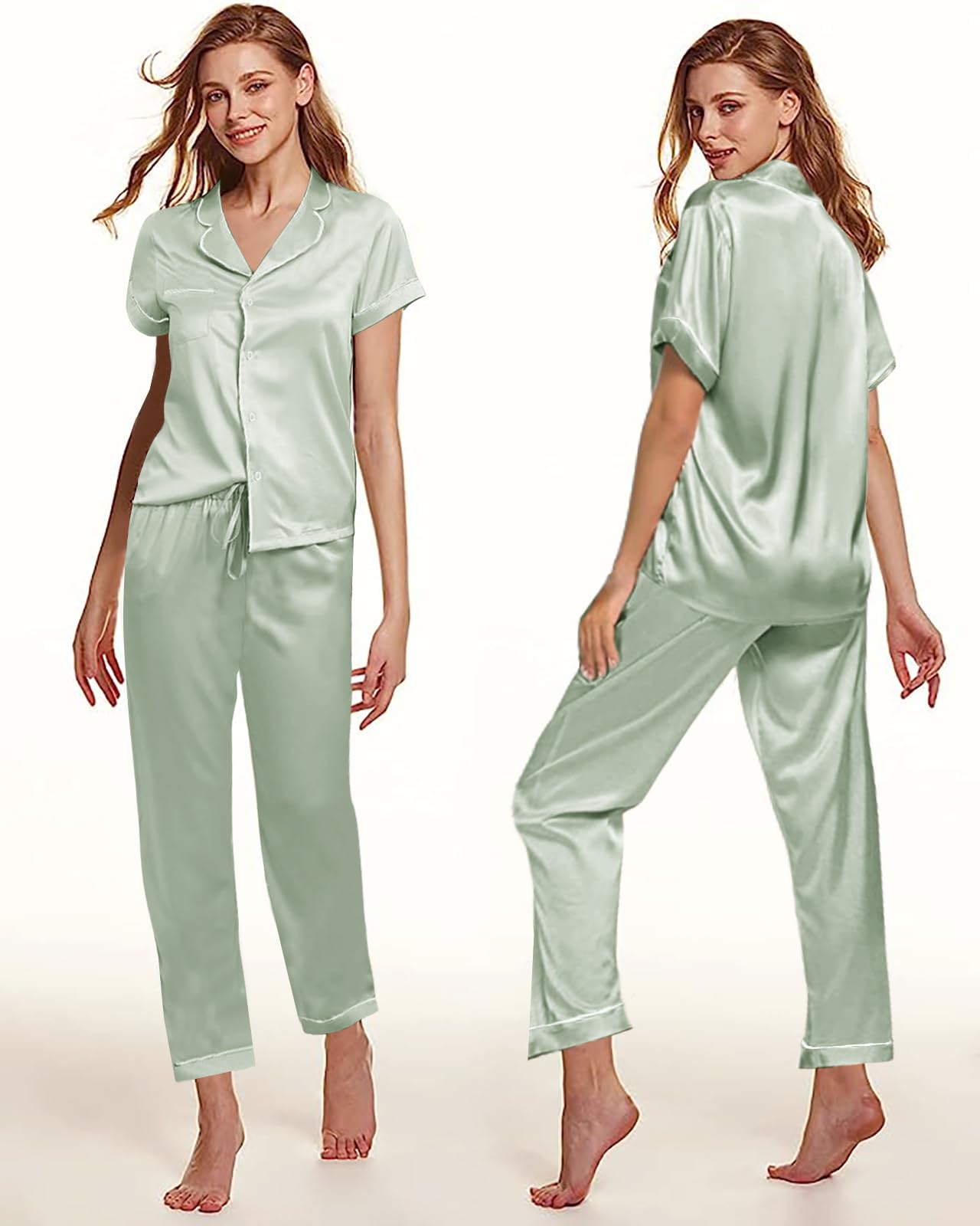 WJing Yi Jia Womens Pajamas Set XS-4XL Silk Satin Pajama Sets Short Pj Sets Button Down Pjs Set Loungewear Sleepwear