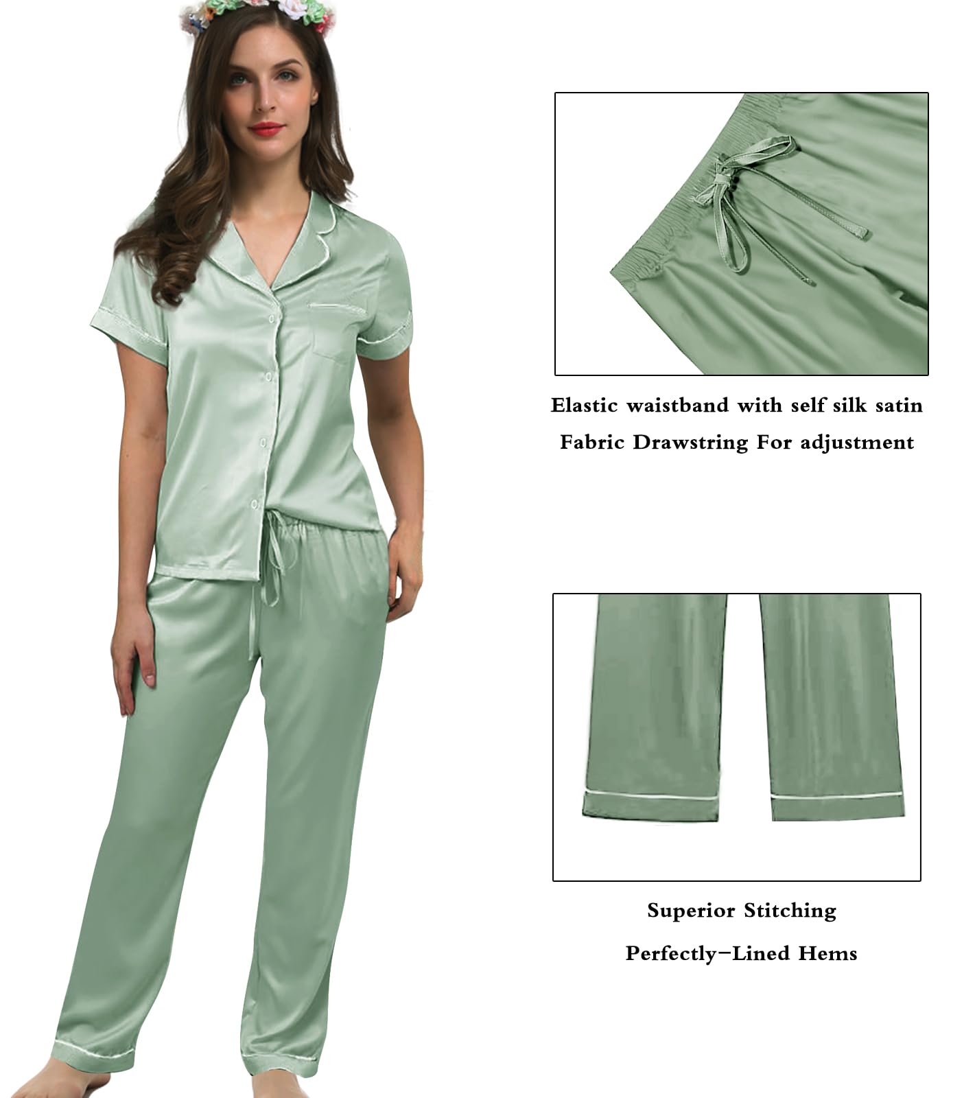 WJing Yi Jia Womens Pajamas Set XS-4XL Silk Satin Pajama Sets Short Pj Sets Button Down Pjs Set Loungewear Sleepwear