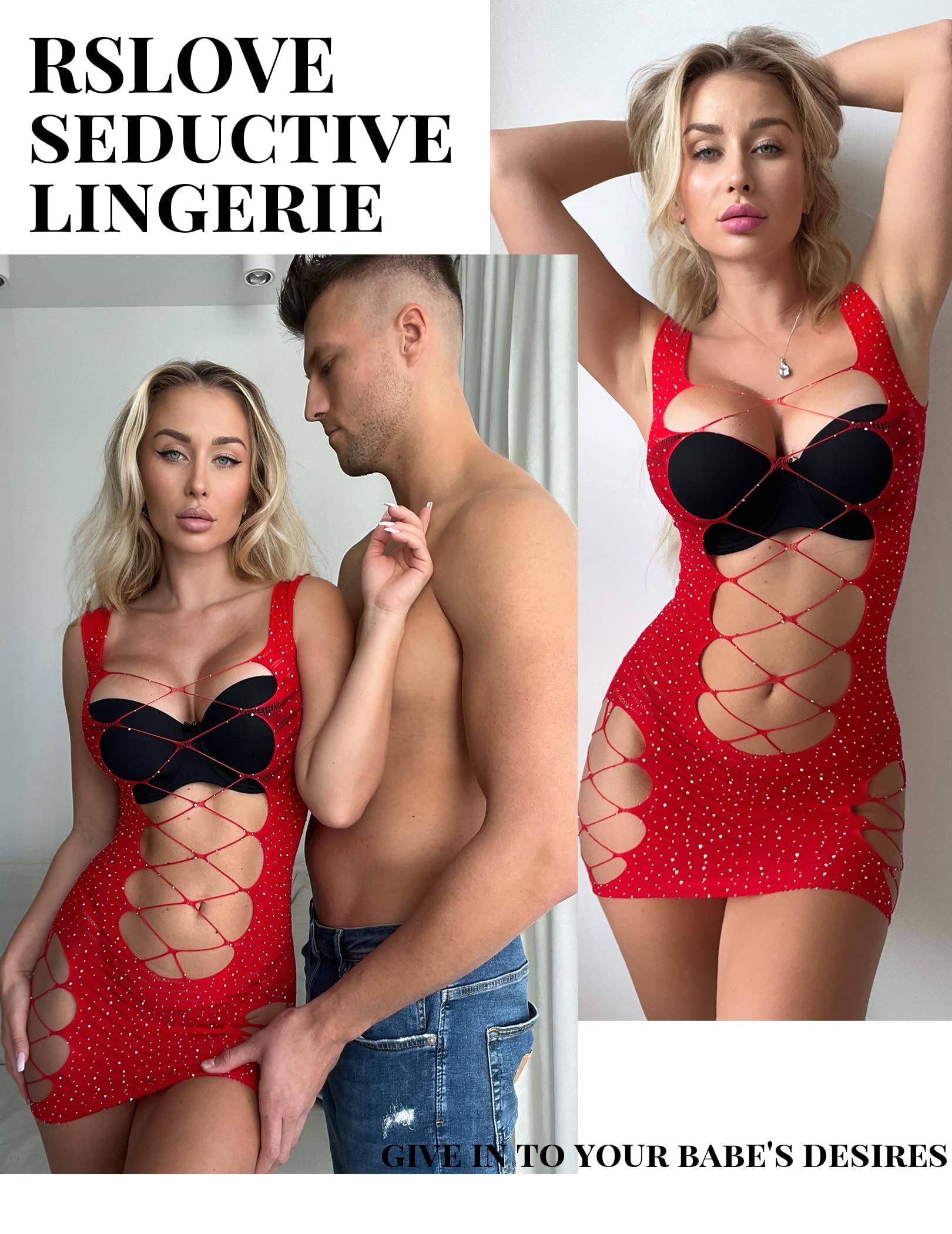 RSLOVE Womens Lingerie Fishnet Mesh Chemise Babydoll Bodysuit Rhinestone Studded Cut-Out Dress One Size Red