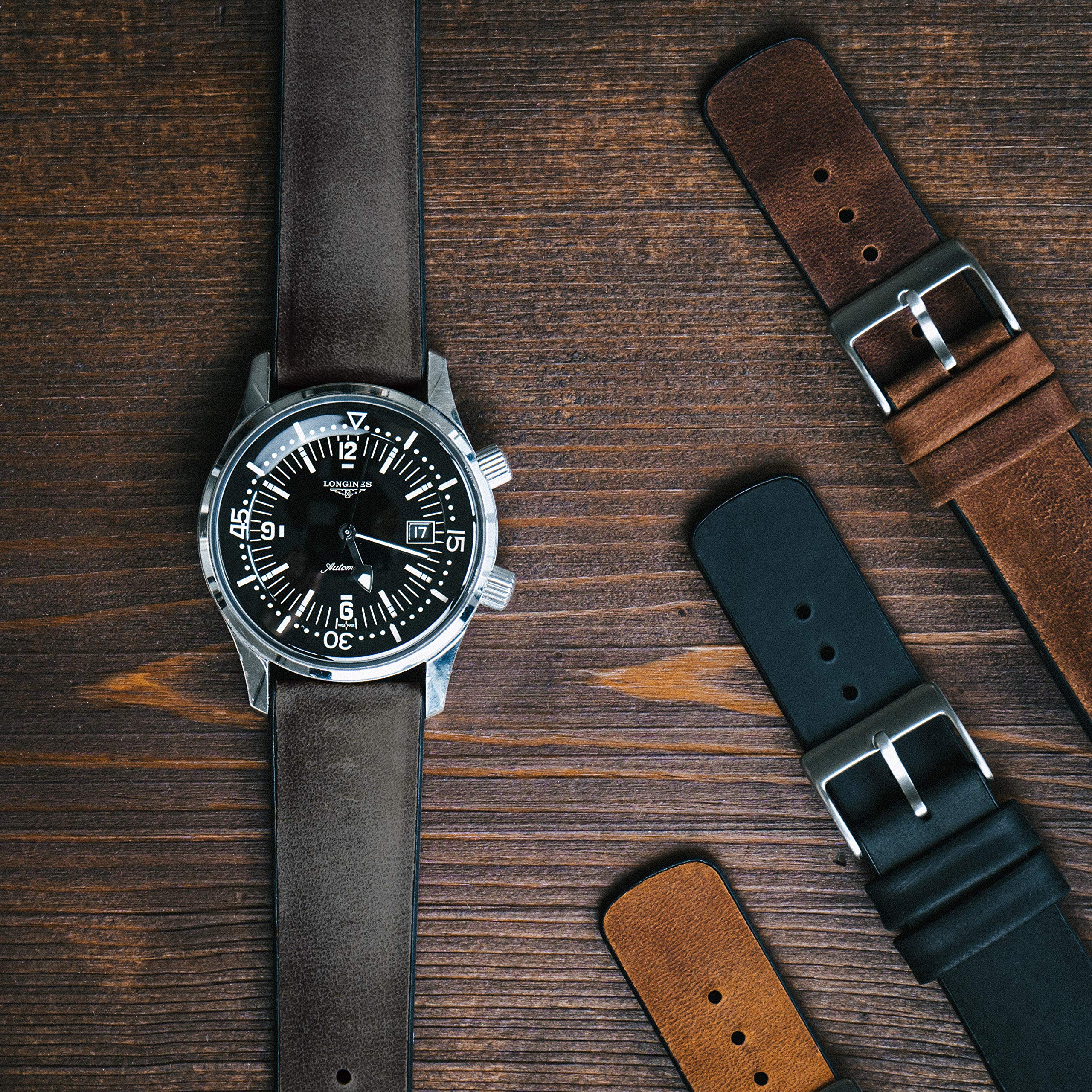 BARTON WATCH BANDS, 20mm Walnut Brown - Leather and Rubber Hybrid Watch Bands with Integrated Quick Release Spring Bars - 316L Stainless Steel - Choose Strap Color & Width