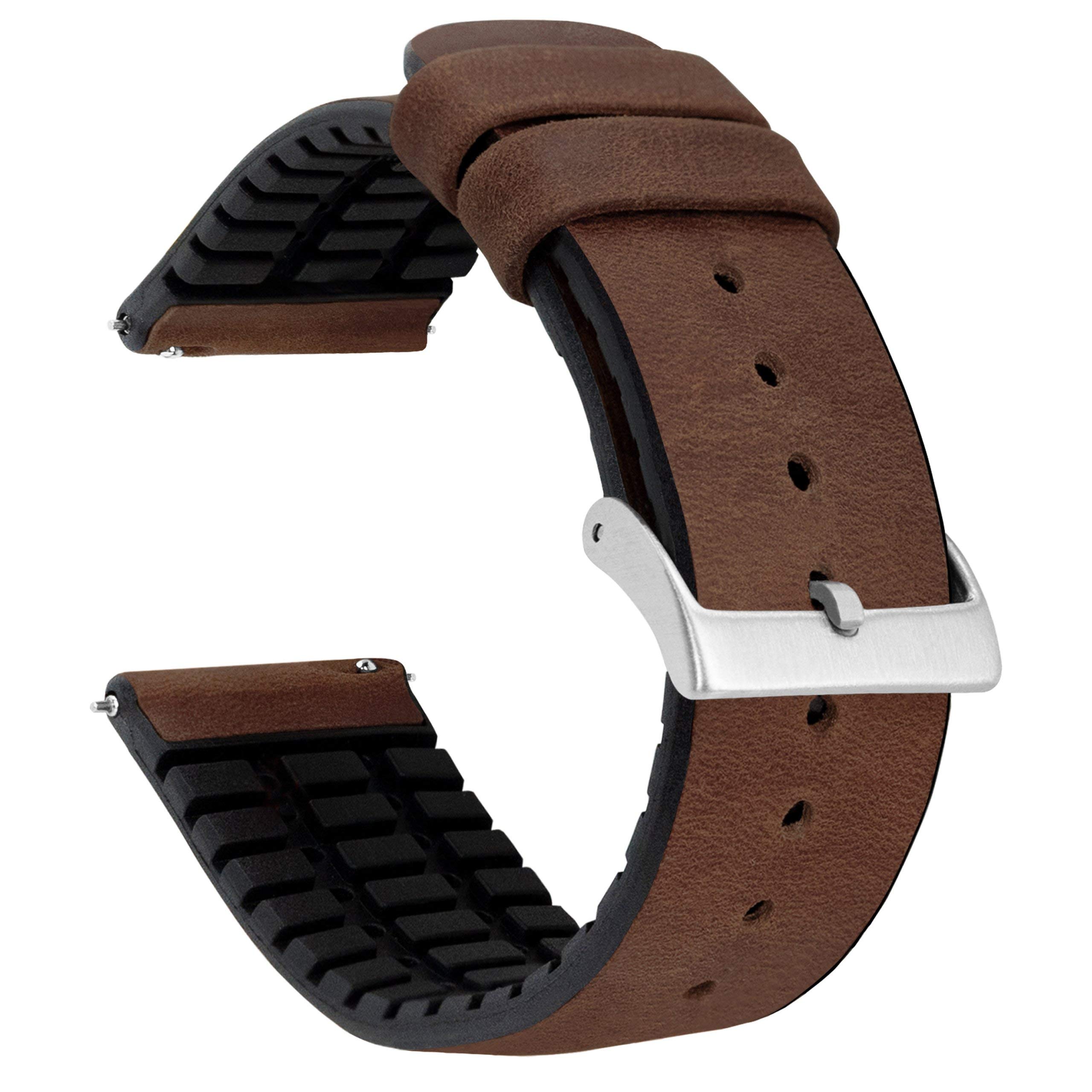 BARTON WATCH BANDS, 20mm Walnut Brown - Leather and Rubber Hybrid Watch Bands with Integrated Quick Release Spring Bars - 316L Stainless Steel - Choose Strap Color & Width