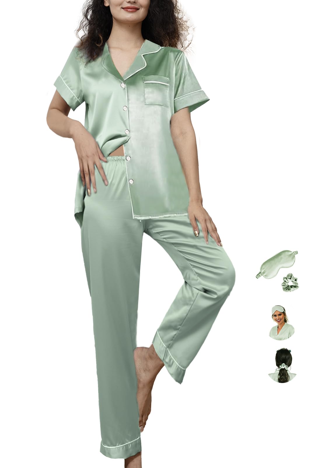 WJing Yi Jia Womens Pajamas Set XS-4XL Silk Satin Pajama Sets Short Pj Sets Button Down Pjs Set Loungewear Sleepwear