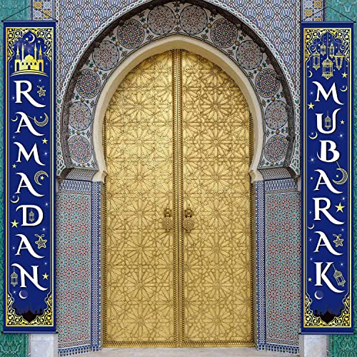 Eid Mubarak Decoration Set Eid Mubarak Porch Sign Ramadan Banner Hanging Decoration for Indoor/Outdoor Decoration Eid Al-fitr Party (Blue)