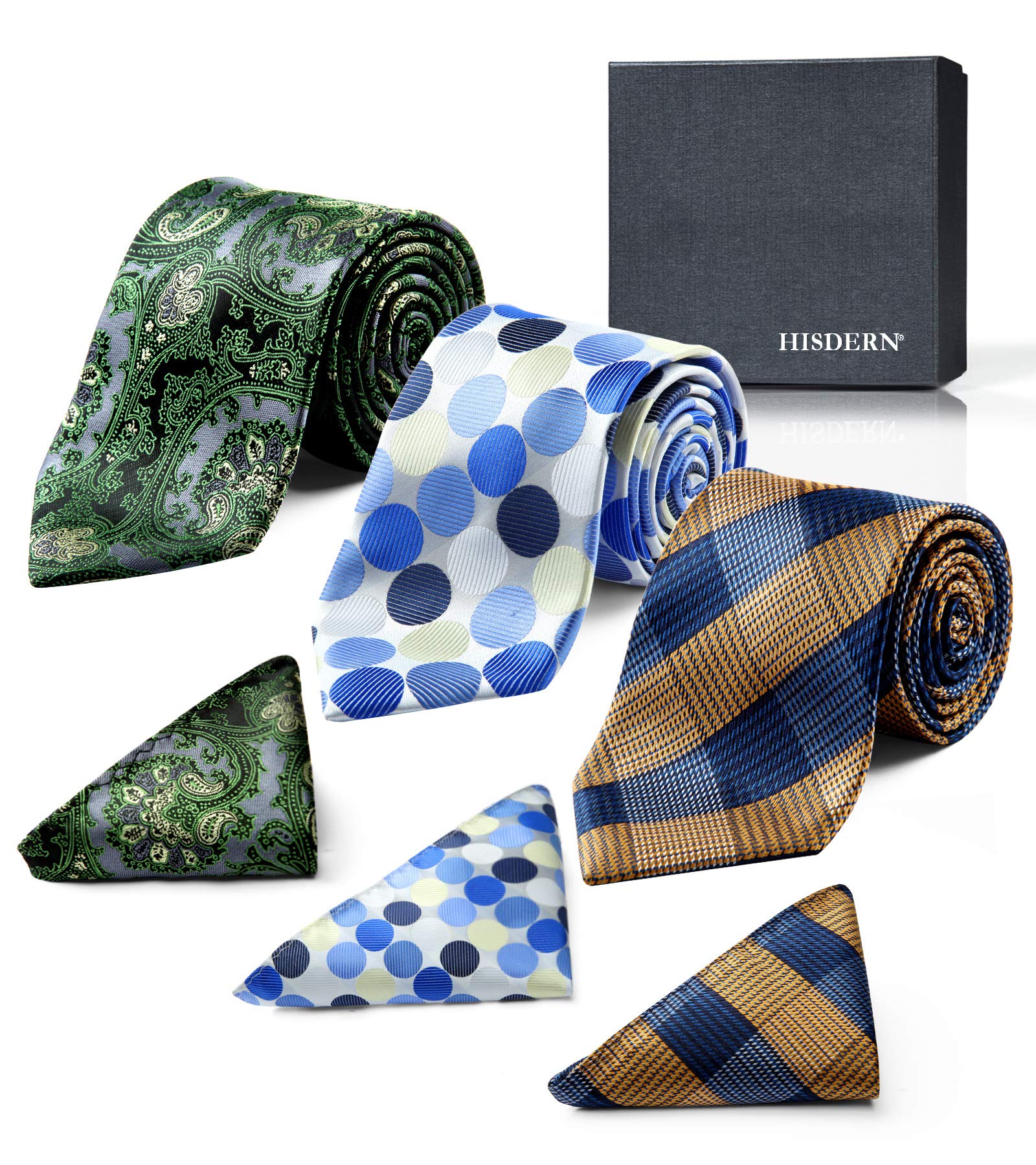 HISDERN Lot 3 PCS Classic Men's Tie Set Necktie & Pocket Square Elegant Neck Ties Collection,T3-s7,One Size