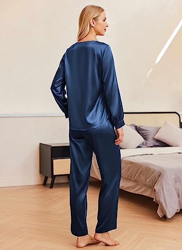 Ekouaer Womens Silk Pjs Satin Lounge Set Silky Nightwear Long Pajama Pant Set Loungewear Long Sleeve Satin Pajama Set Navy Blue M