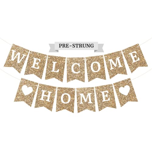 Pre-Strung Welcome Home Banner - NO DIY - Gold Glitter Welcome Home Banner - Pre-Strung on 6 ft Strand - Housewarming, Homecoming, & Military Return Party Decorations & Decor. Did we mention no DIY?