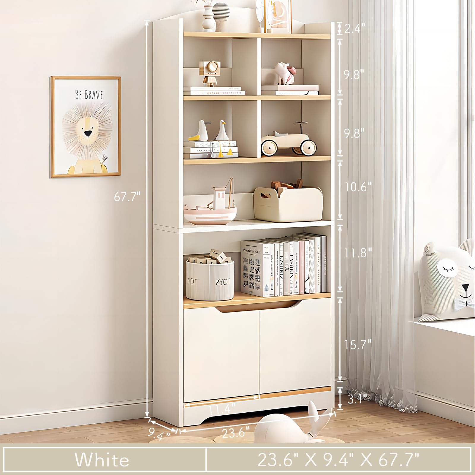 IOTXY Wooden Shelf Bookcase with Doors - 5-Tier Bookshelf with Storage Cabinet, Free Standing Display Rack, for Home Office, Living Room, Bedroom, White