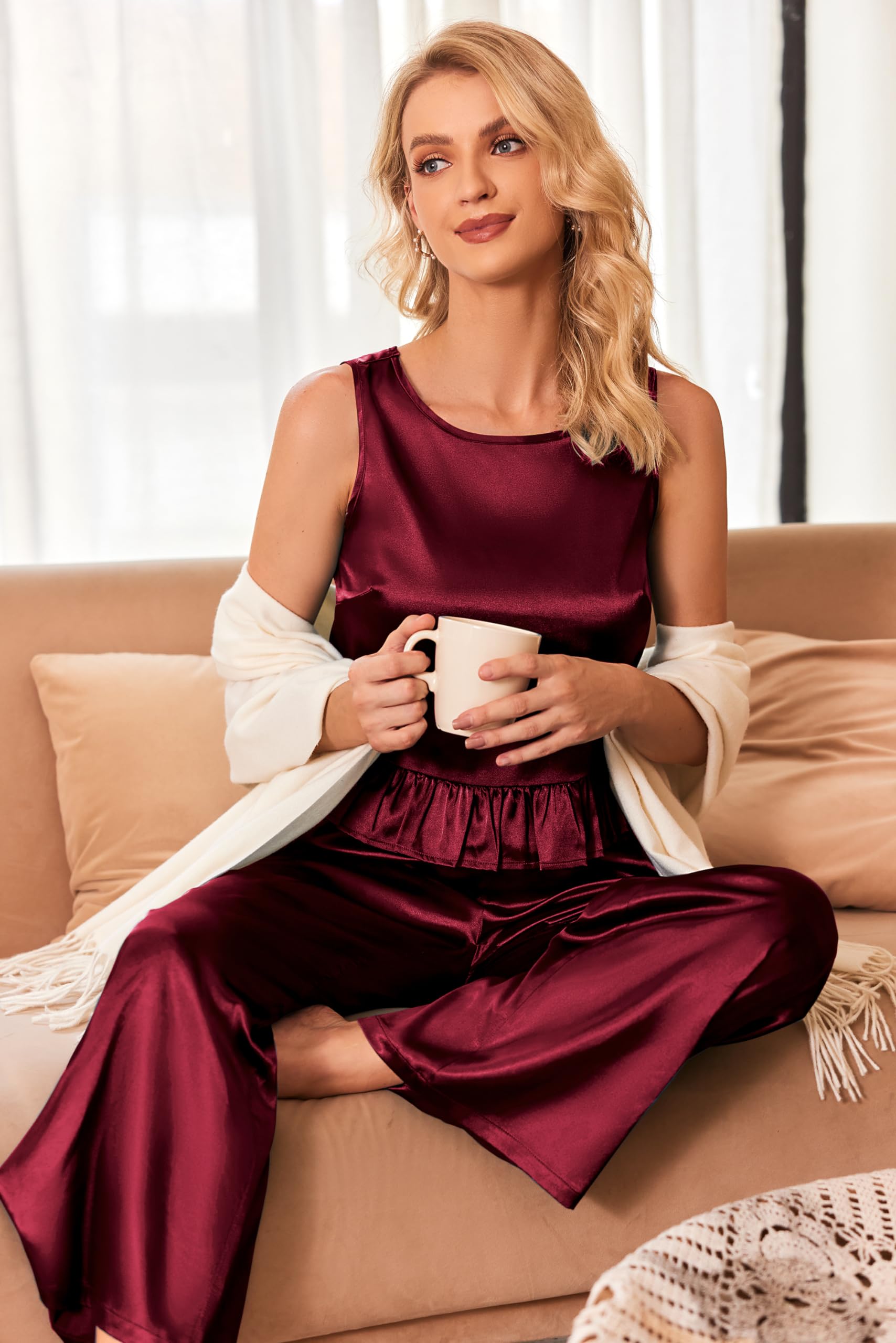 Ekouaer Silky Pajama Set for Women Silk Shirt with Long Pantt Two Piece Loungewear Crop Top and Long Pant with Pockets Wine Red