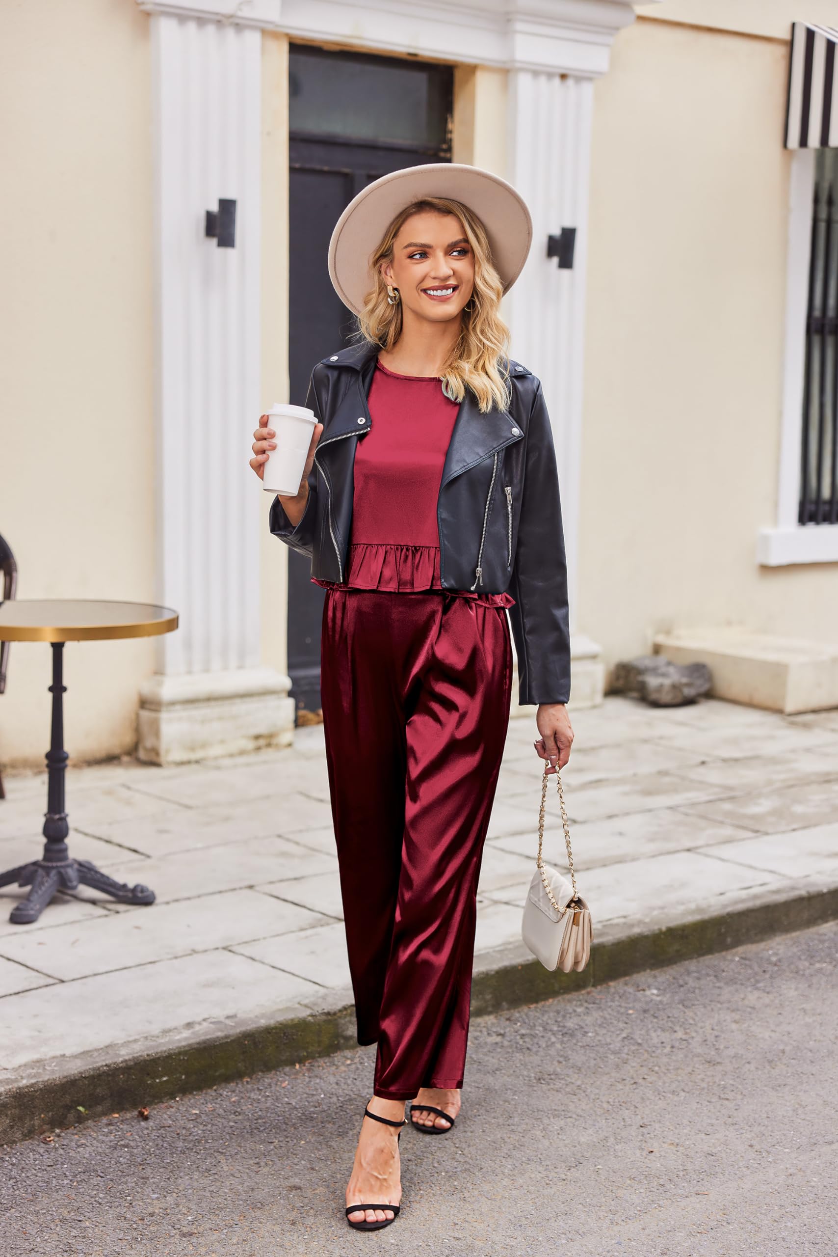 Ekouaer Silky Pajama Set for Women Silk Shirt with Long Pantt Two Piece Loungewear Crop Top and Long Pant with Pockets Wine Red