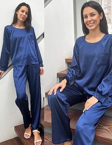 Ekouaer Womens Silk Pjs Satin Lounge Set Silky Nightwear Long Pajama Pant Set Loungewear Long Sleeve Satin Pajama Set Navy Blue M
