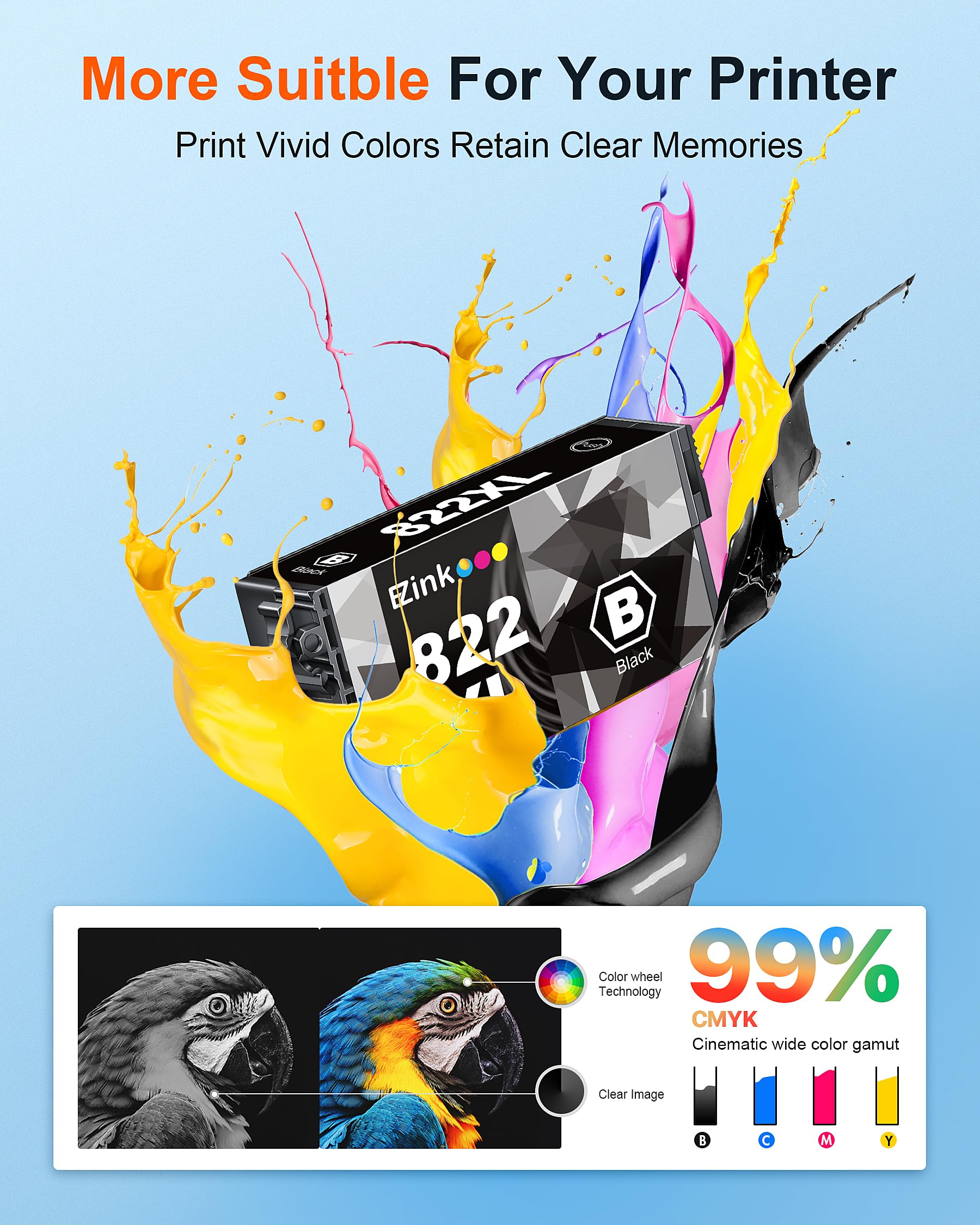 E-Z Ink Pro 822XL Ink Cartridges Remanufactured Replacement for Epson 822XL Black Printer Ink for Workforce Pro WF-3823 WF-4833 WF-4830 WF-4820 WF-4830 Epson WF-3820 Printer Ink Cartridges (2 Black)