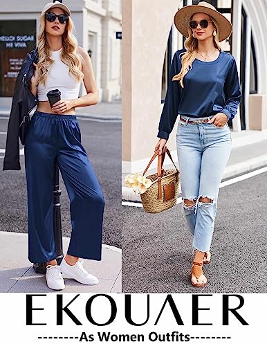 Ekouaer Womens Silk Pjs Satin Lounge Set Silky Nightwear Long Pajama Pant Set Loungewear Long Sleeve Satin Pajama Set Navy Blue M