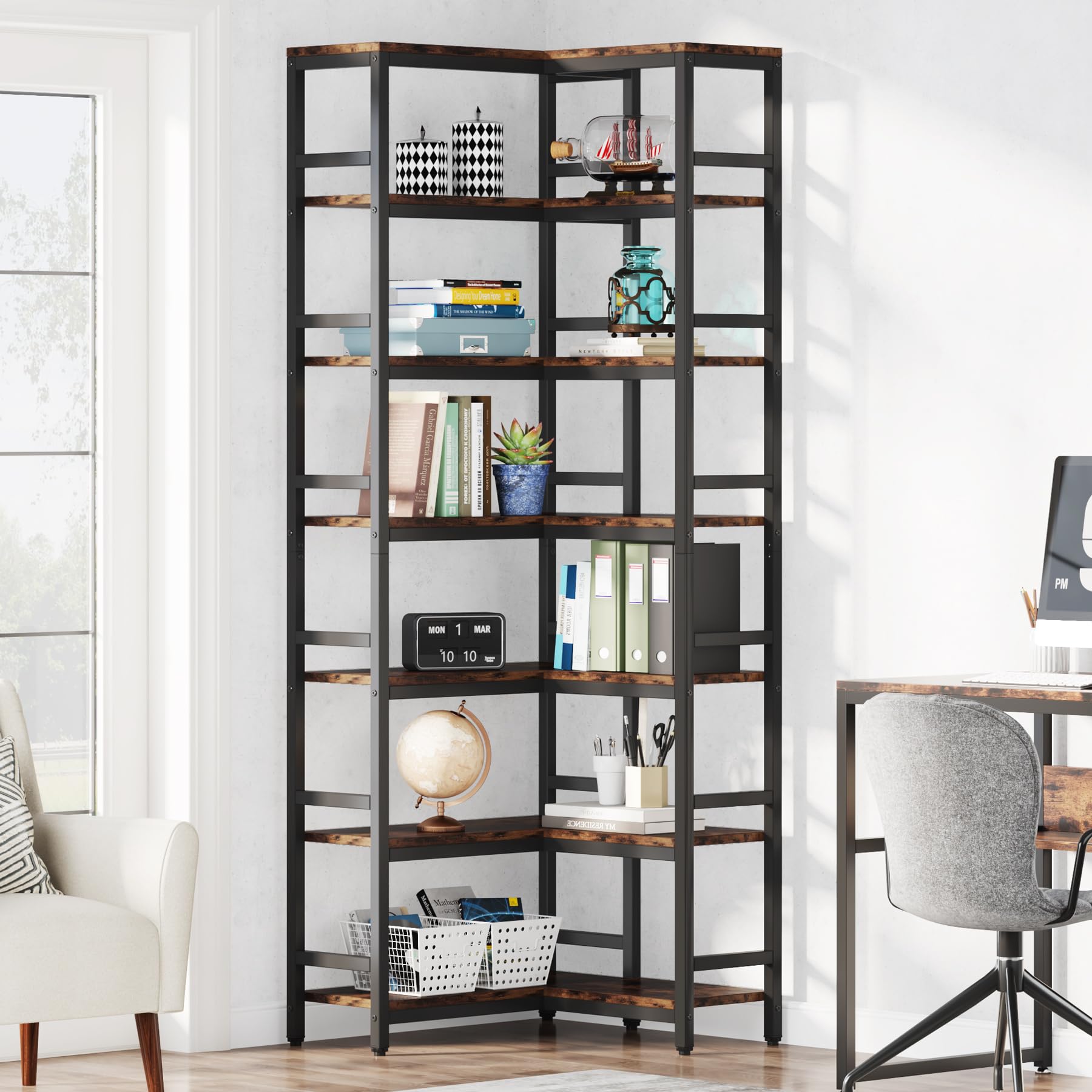Tribesigns 78.74” Tall Corner Shelf, 7 Tier Industrial Corner Bookcase Storage Display Shelves for Living Room Home Office, Rustic Brown