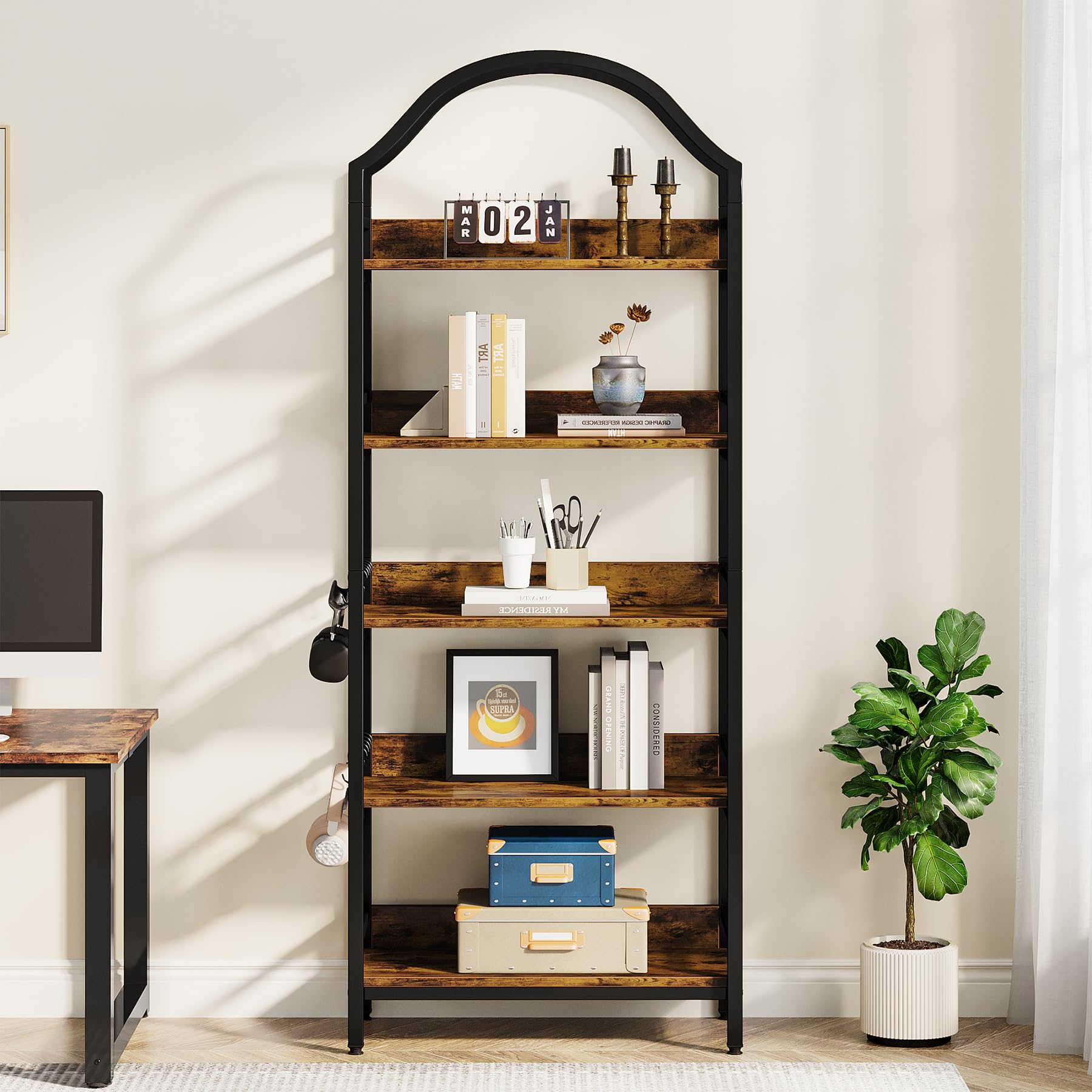 Tribesigns 5-Tier Bookshelf, 73" Tall Arched Bookcase, Industrial Wood Storage Rack Open Shelves with 4 Hooks, Modern Standing Bookshelves Metal Frame Display Rack for Home Office, Brown, 1 Pc
