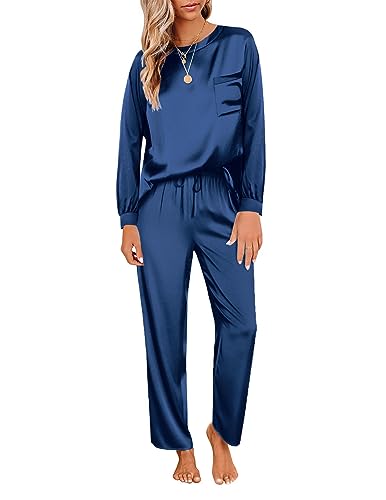 Ekouaer Womens Silk Pjs Satin Lounge Set Silky Nightwear Long Pajama Pant Set Loungewear Long Sleeve Satin Pajama Set Navy Blue M