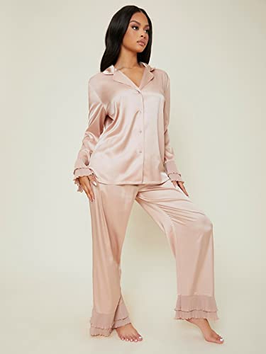 Verdusa Women's Satin Notch Collar Blouse and Ruffle Hem Pants PJ Set Champagne M