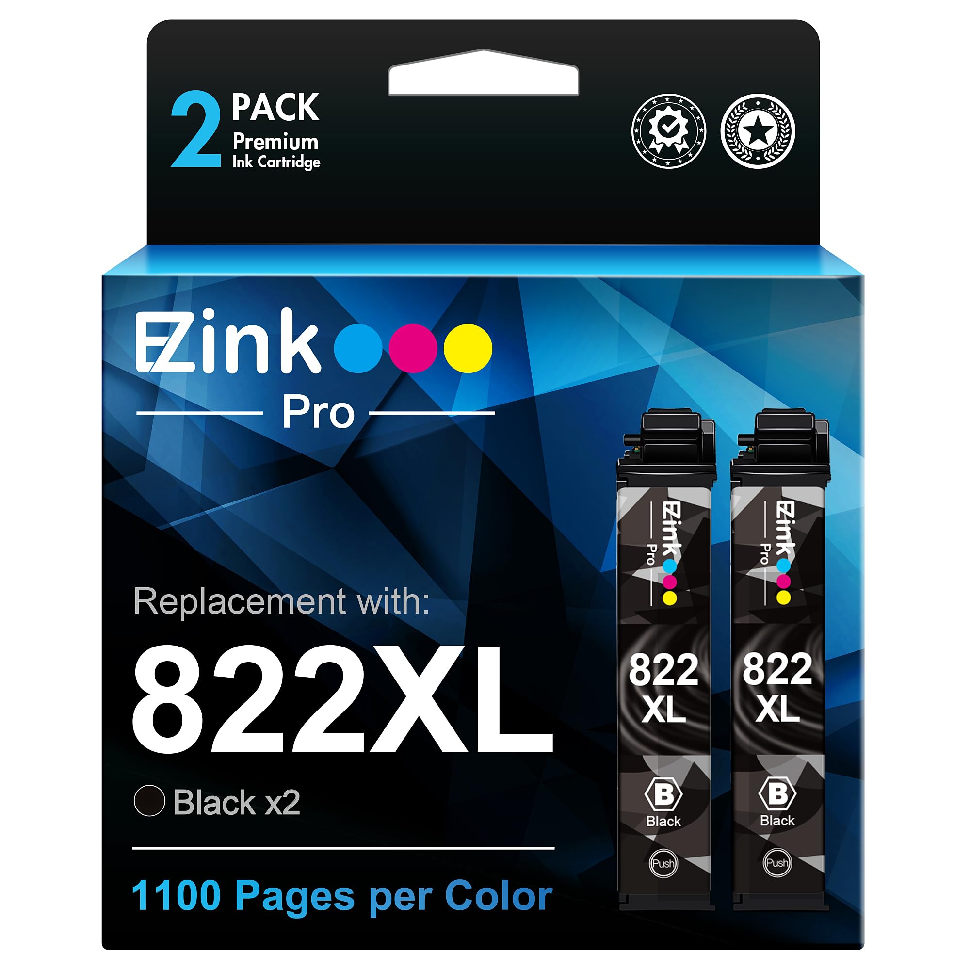 E-Z Ink Pro 822XL Ink Cartridges Remanufactured Replacement for Epson 822XL Black Printer Ink for Workforce Pro WF-3823 WF-4833 WF-4830 WF-4820 WF-4830 Epson WF-3820 Printer Ink Cartridges (2 Black)