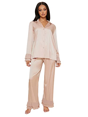 Verdusa Women's Satin Notch Collar Blouse and Ruffle Hem Pants PJ Set Champagne M