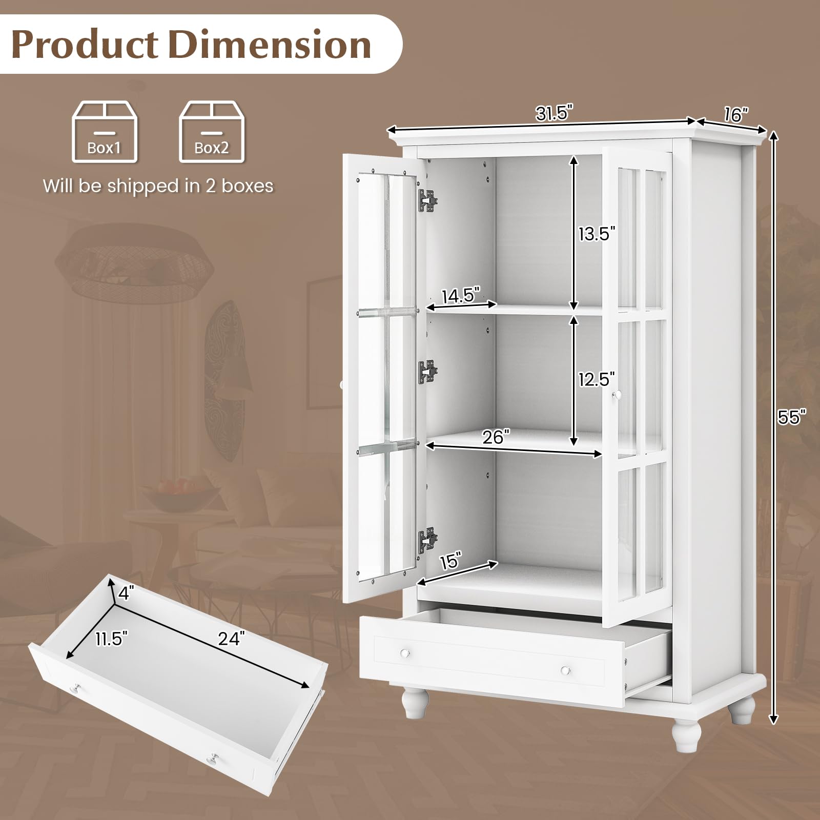 Giantex 55" White Bookcase with Doors and Drawer, Tall Wooden Bookshelf Organizer with Adjustable Shelves, Freestanding Glass Display Storage Cabinet for Living Room Bedroom Kitchen Pantry