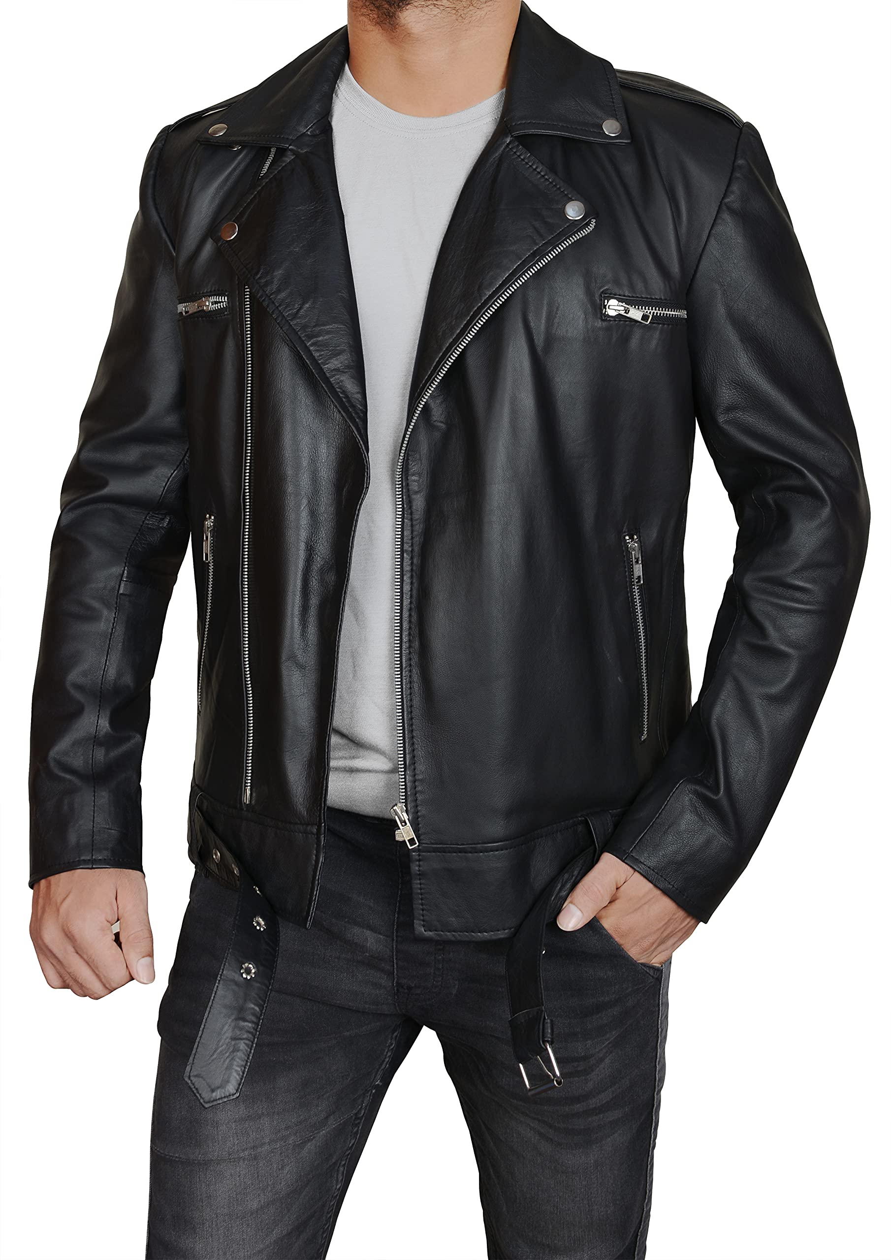 Prime-Fashion Men's Negan Walking S7 Black Brando Jeffrey Dean Morgan Motorcycle Slim Fit Genuine Leather Biker Jacket