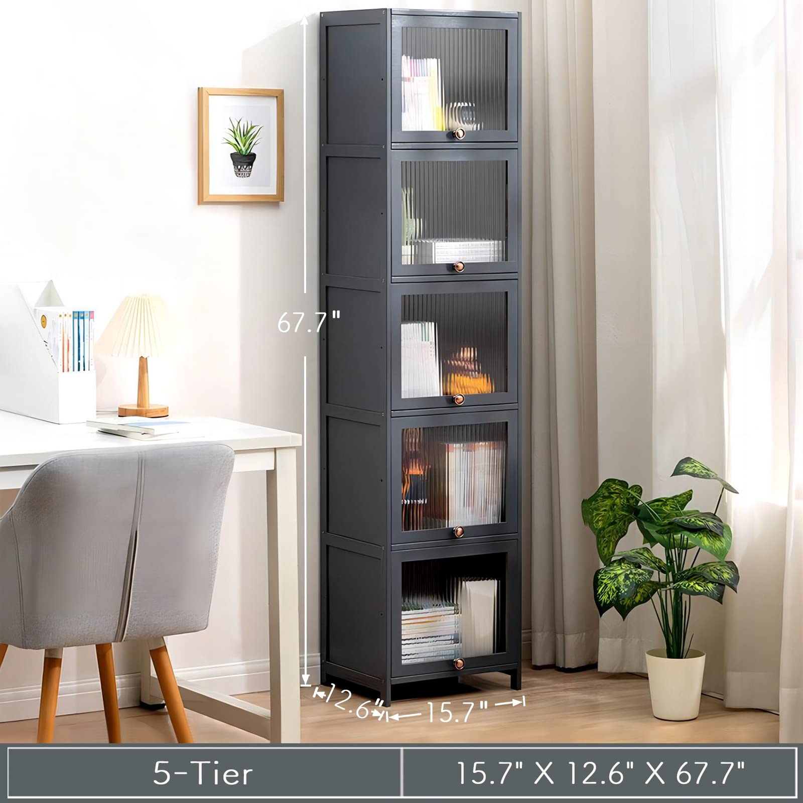 IOTXY Small Narrow Shelf Bookcase - 5-Tier Bamboo Corner Bookshelf with Moru Acrylic Doors, Freestanding Tall Skinny Storage Organizer Rack, for Living Room, Kitchen, Bedroom, Gray, 15.7" W