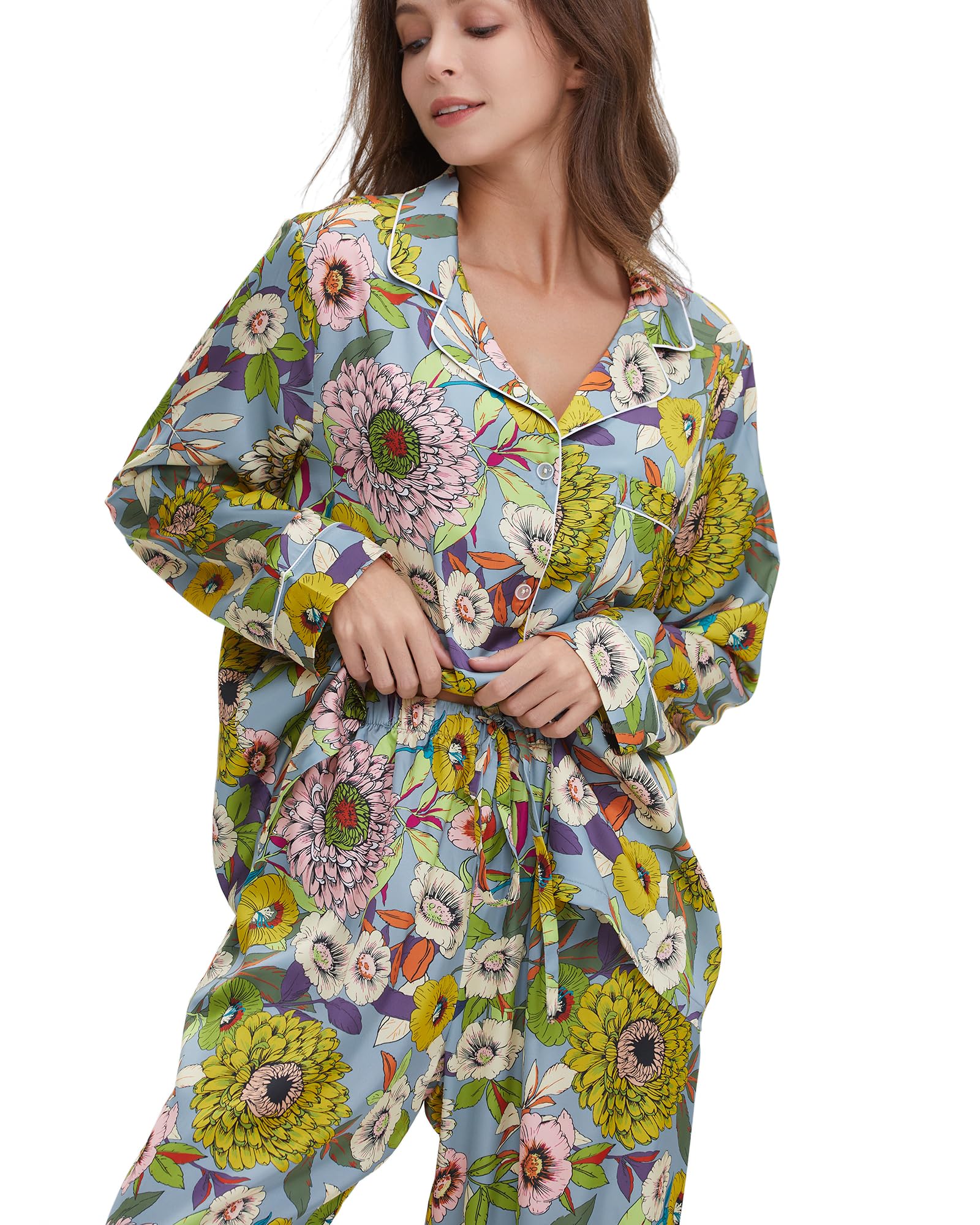 YiNi LuLu Womens Silk Satin Pajamas Set Button Down 2 Piece Pjs Set For Women Long Sleeve Oversized Sleepwear with Pockets