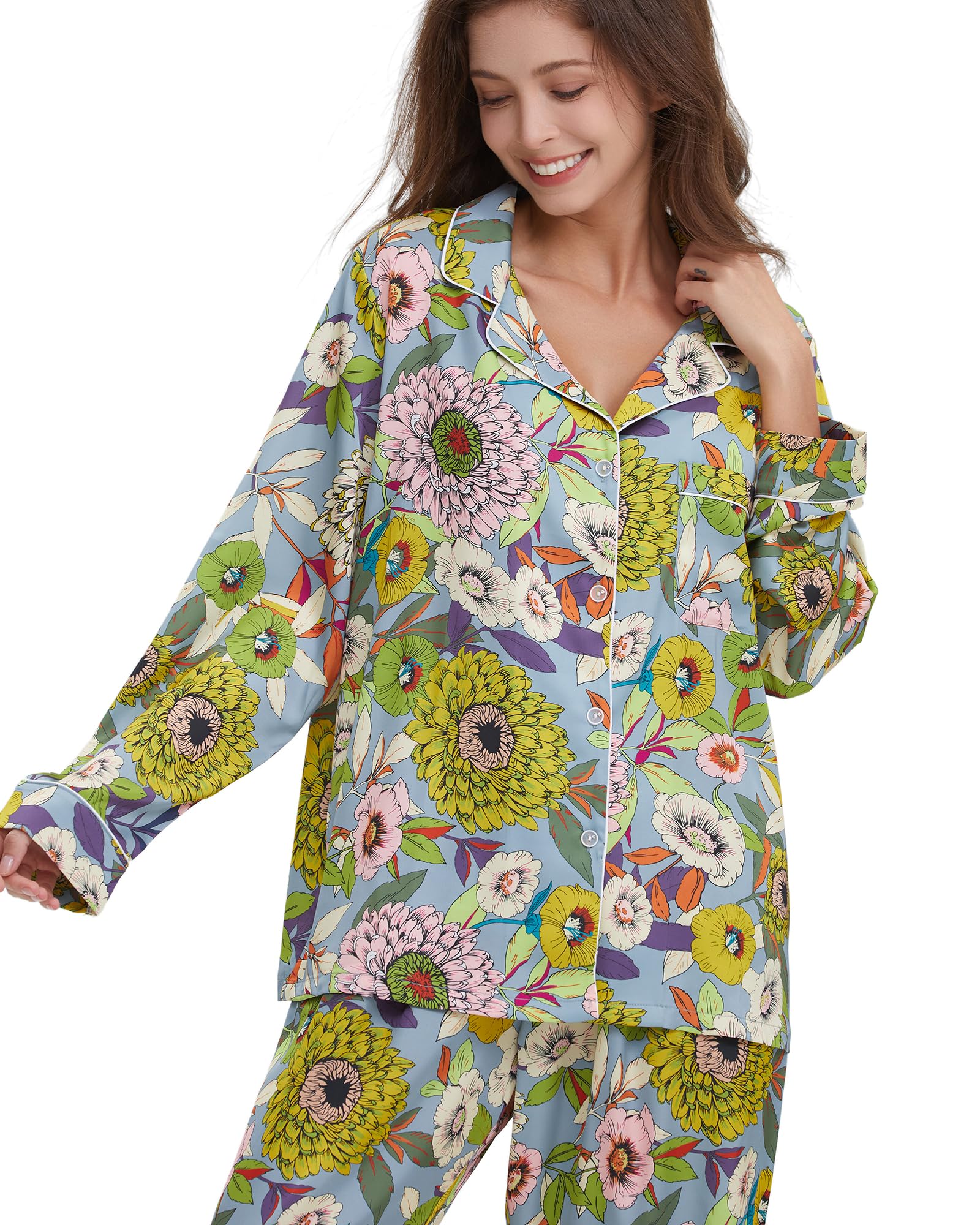 YiNi LuLu Womens Silk Satin Pajamas Set Button Down 2 Piece Pjs Set For Women Long Sleeve Oversized Sleepwear with Pockets