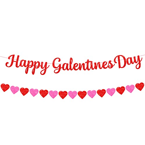 Glitter, Red Happy Galentines Day Banner - 2 Strings, No DIY | Happy Galentines Day Decorations | Galentines Day Party Favors for Be My Galentine Decor | Galentine's Day Decorations, Galentines Décor