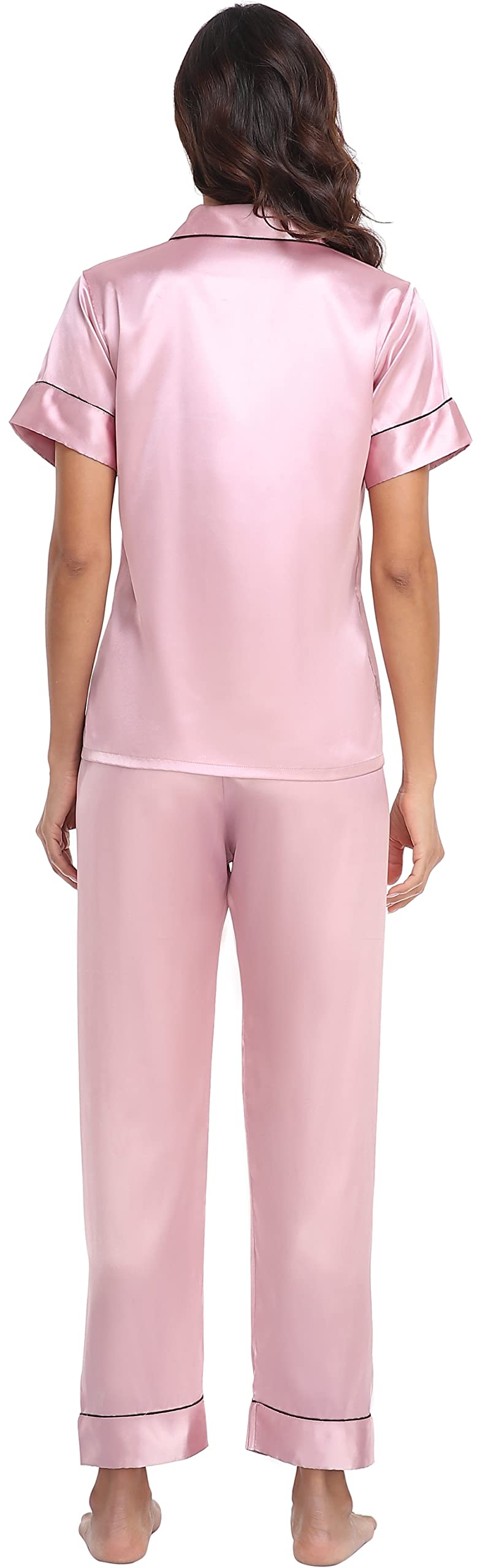 goodmansam Women's Satin Pajamas Set 2 Piece Pj Set Sleepwear Notch Collar Short Sleeve T-Shirt Button-Down Loungewear with Long Pants Pink Small
