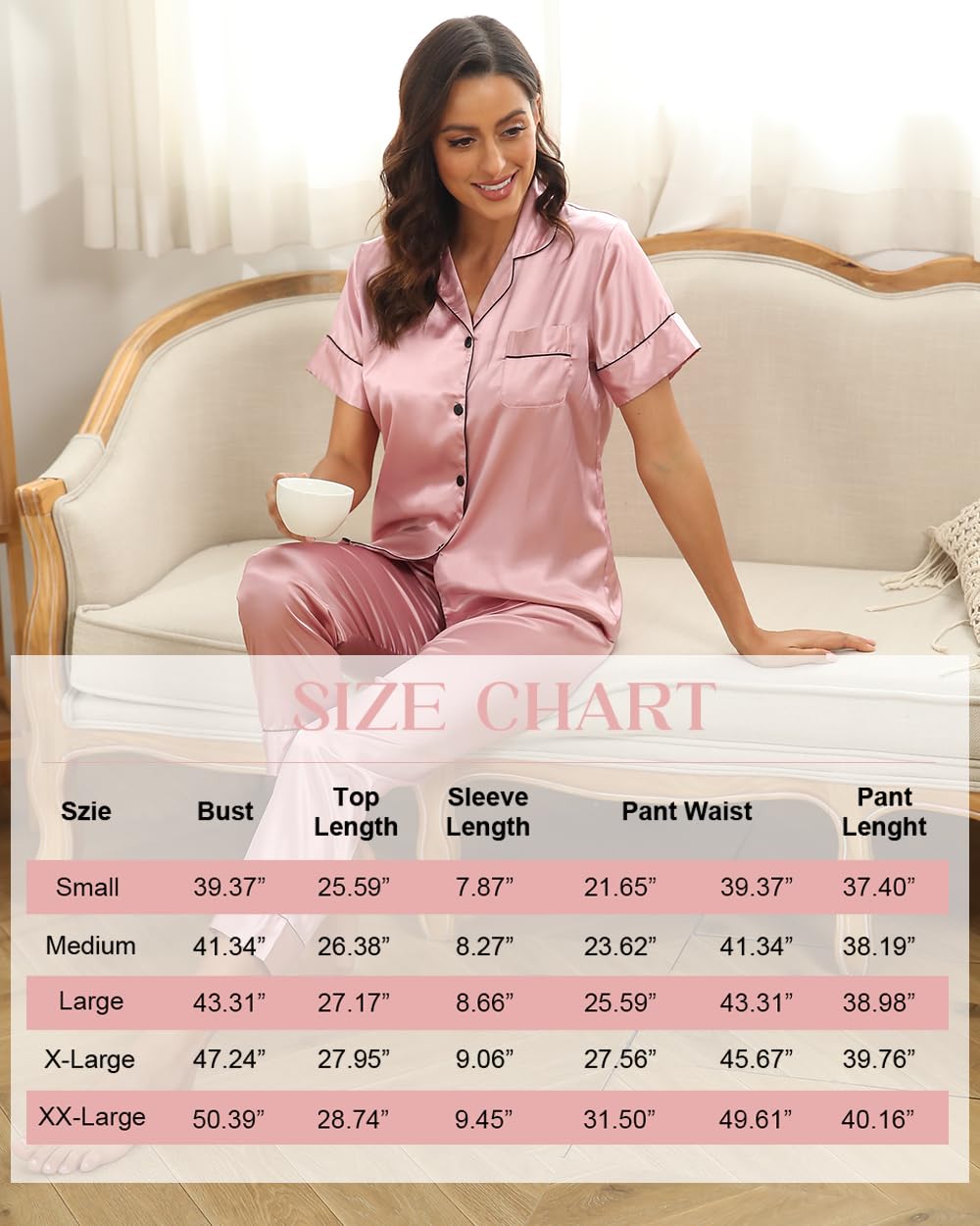 goodmansam Women's Satin Pajamas Set 2 Piece Pj Set Sleepwear Notch Collar Short Sleeve T-Shirt Button-Down Loungewear with Long Pants Pink Small