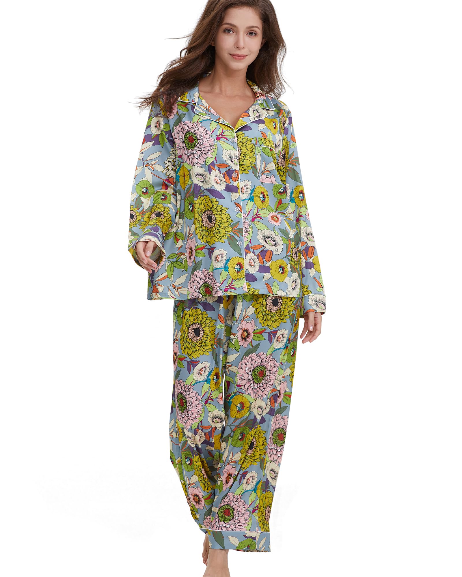 YiNi LuLu Womens Silk Satin Pajamas Set Button Down 2 Piece Pjs Set For Women Long Sleeve Oversized Sleepwear with Pockets