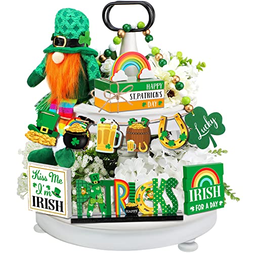 St. Patrick's Day Tiered Tray Decor Set Shamrock Gnomes Plush Gnome Decorations Happy St Patrick's Decor Gold Coins Rainbow Decor Shamrock Lucky Wooden Bead Garland Decor for Home Table Shelf Decor