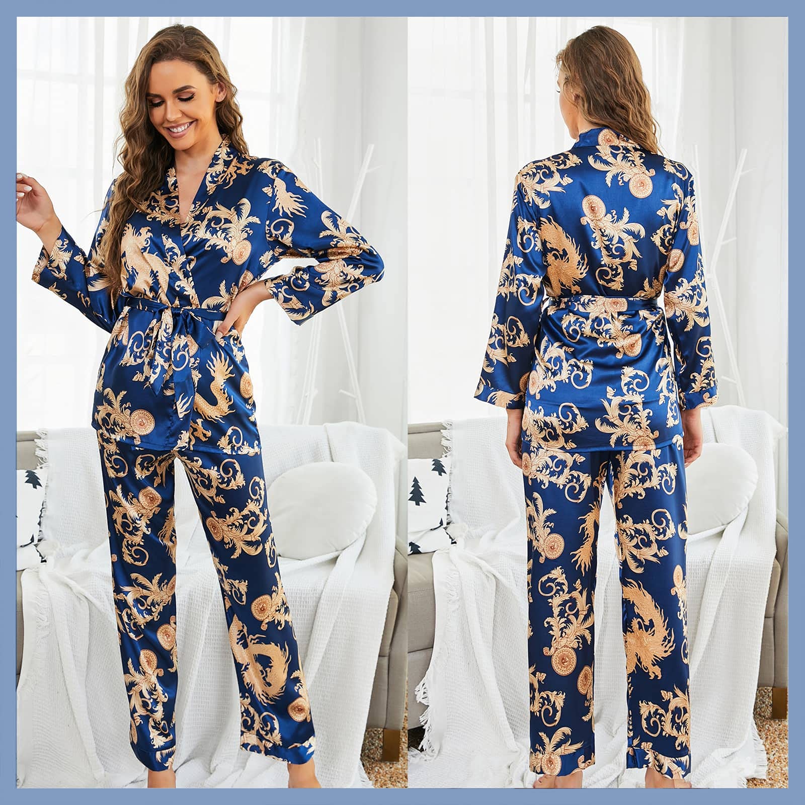 Arwser Women's Silk Satin Pajamas Set 4 Pcs Sleepwear Cami Top Pjs with Shorts and Robe Blue