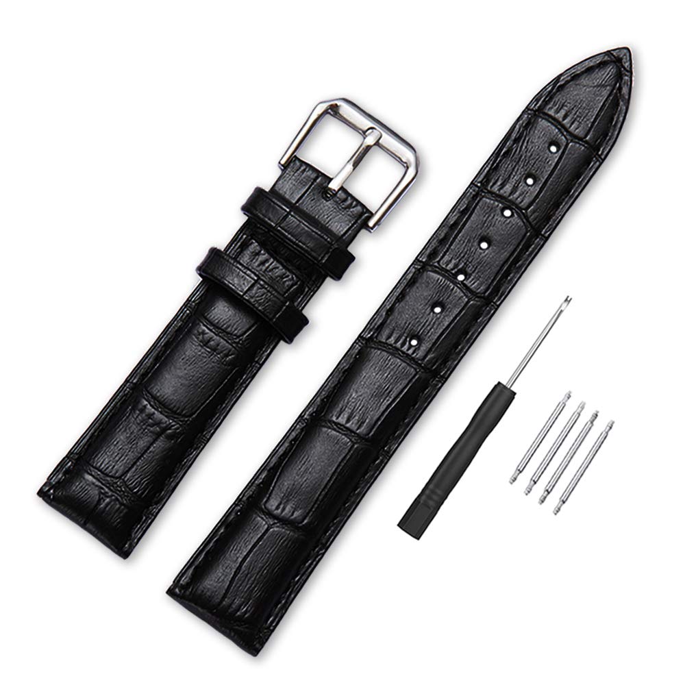 Narako Alligator Style Genuine Leather Watch Bands Genuine Calf Leather Replacement Watch Strap with Stainless Metal Buckle Clasp 12mm 14mm 16mm 18mm 20mm 22mm 24mm for Men and Women (12mm, Black)