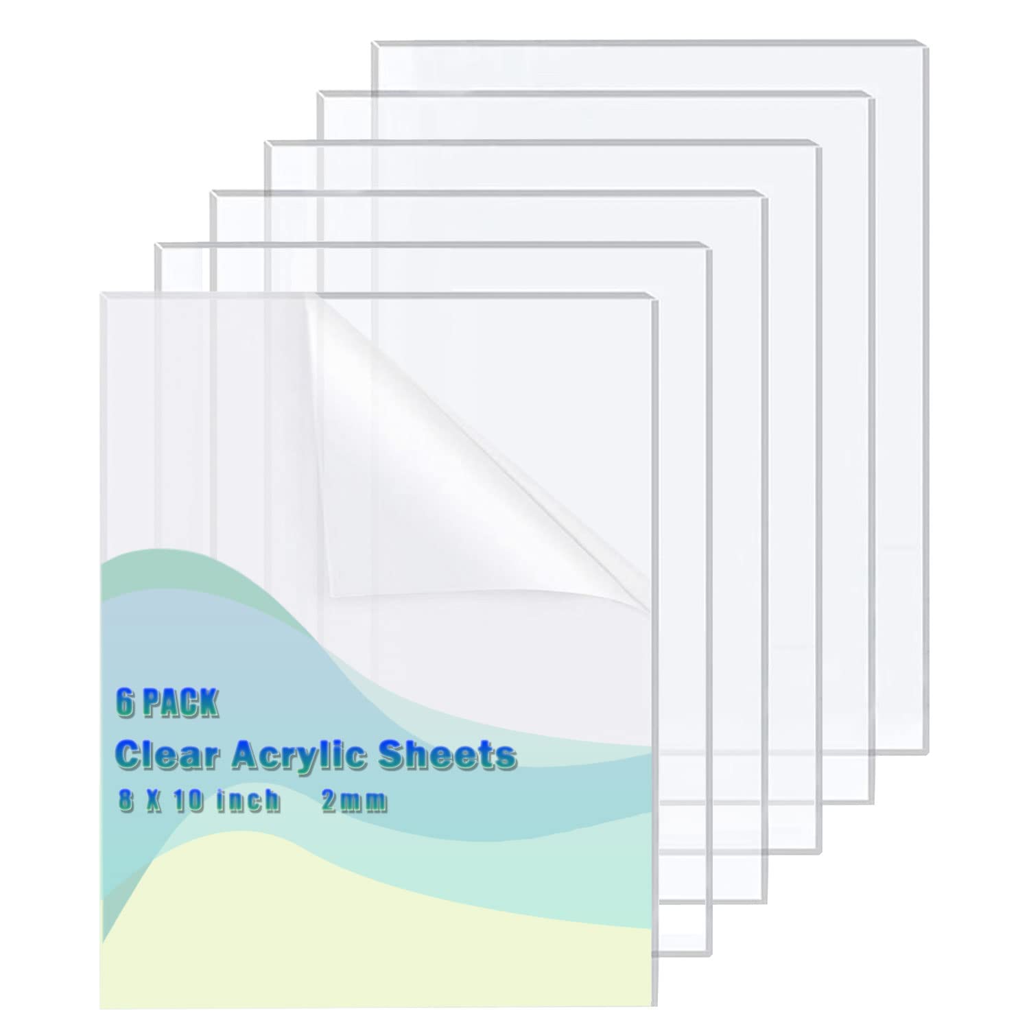 6Pcs Clear Acrylic Sheet, 8" x 10" x 0.08” Thick (Around 2mm) Transparent Acrylic Panel, Clear Plexiglass Sheets with Protective Film for Signs, DIY Display Projects, Christmas Presents, Craft