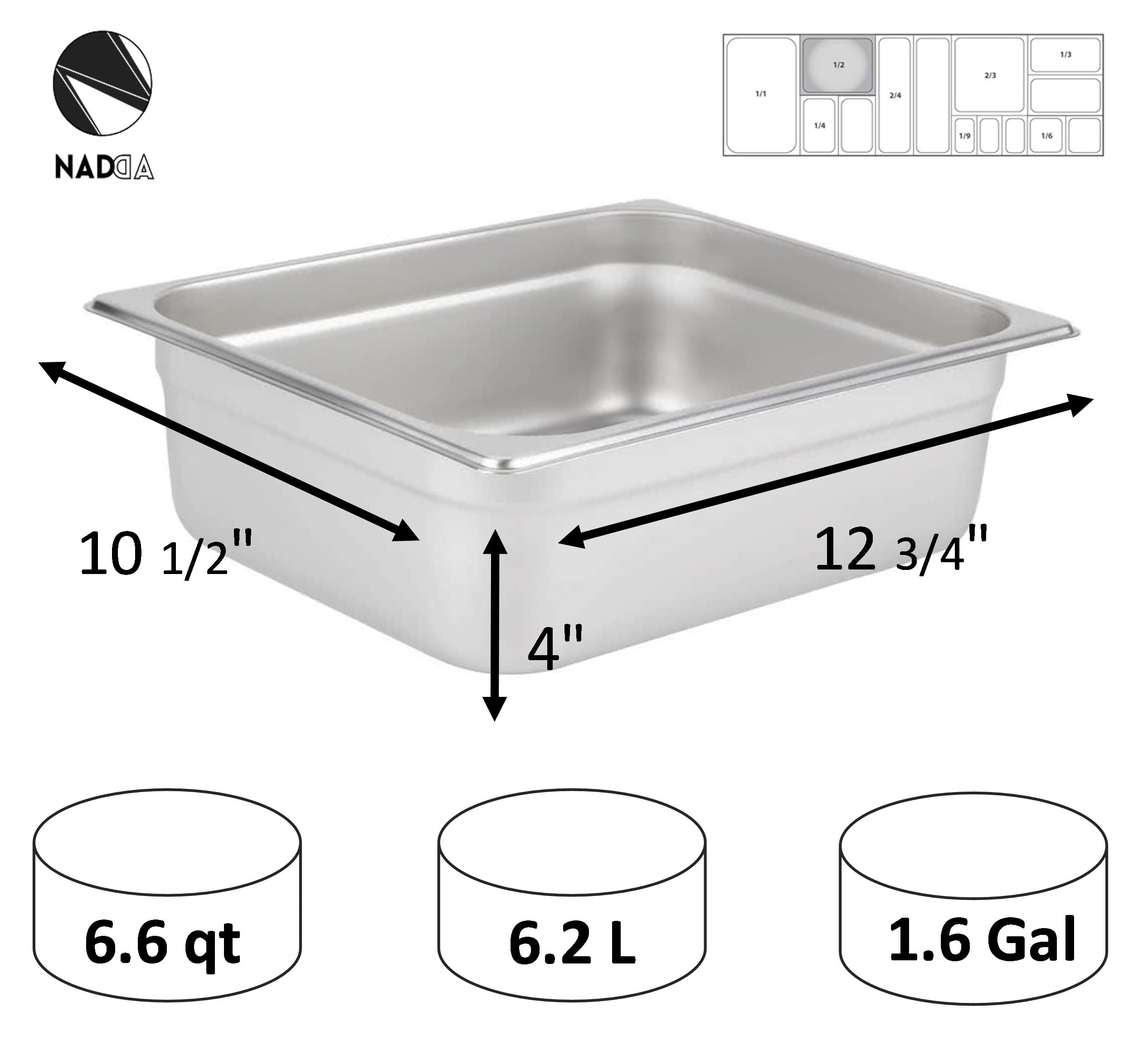 NADDA Anti-jamming 1/2 Size Steam table pan, 6-Pack Stainless steel Pan for Commercial food warmer, Food warmer buffet container, Chafing Dish set, 22 gauge. Baking Pan, Freezer storage. (4" Depth)