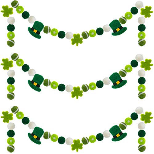 3 Pack St. Patrick's Day Felt Garlands- 6 Feet Pom Pom Felt Ball Shamrock Leprechaun Hat Hanging Banners Irish Themed Hanging Garlands Party Favors for St. Patrick's Day Home Bedroom Living Room Decor