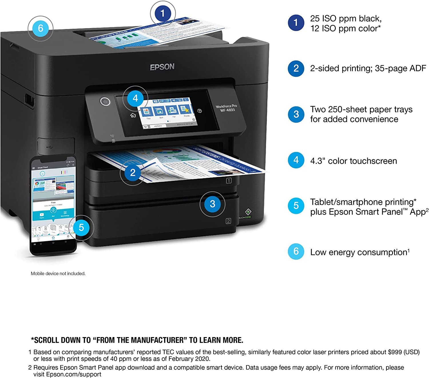 Epson Workforce Pro WF-4833 Wireless Color All-in-One Inkjet Printer, Black - Print Scan Copy Fax - 4.3" Touchscreen LCD, 25 ppm, 4800 x 2400 dpi, Auto 2-Sided Printing, 50-Sheet ADF, USB, Ethernet
