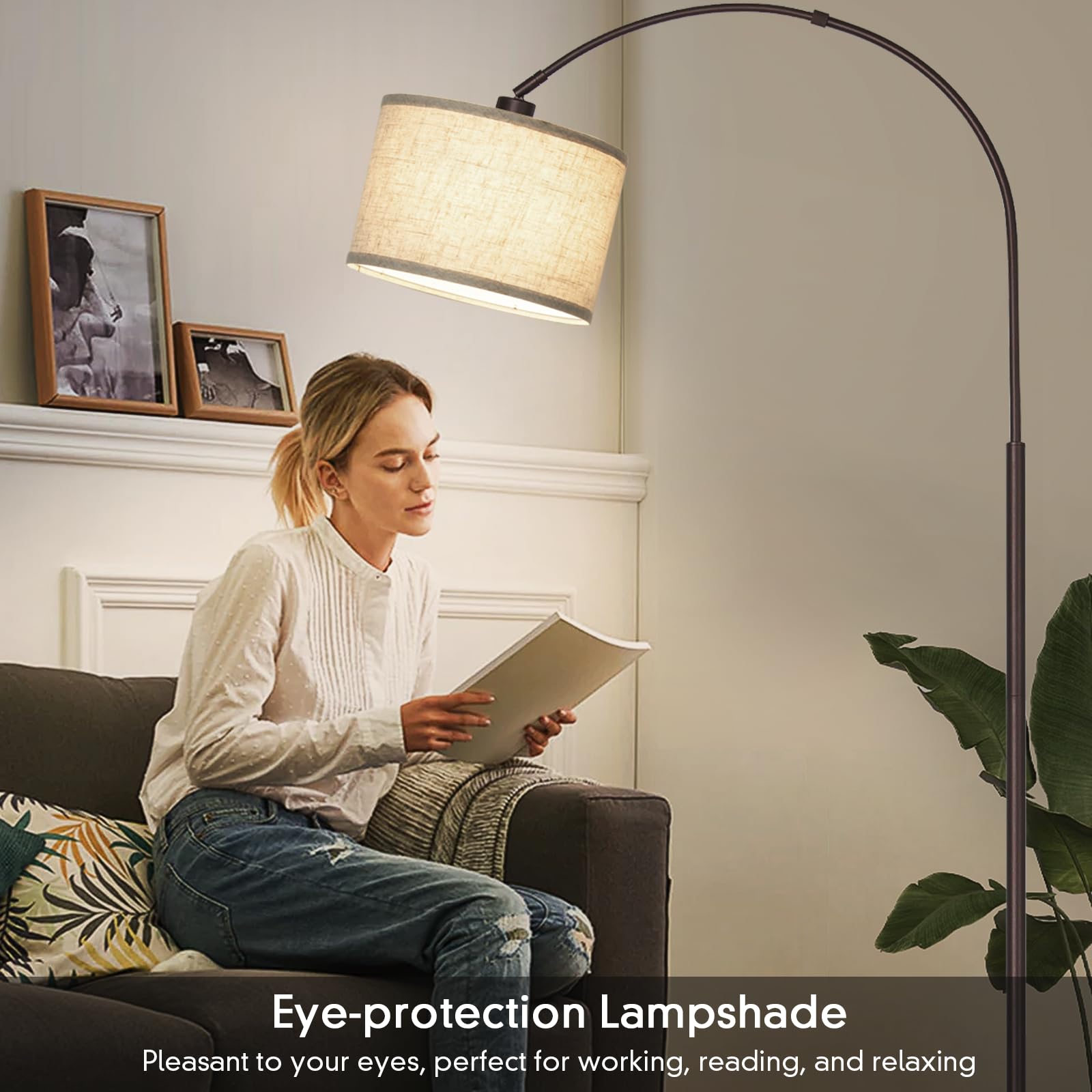 Floor Lamp for Living Room, Arc Floor Lamp with Adjustable Head, Modern Arched Floor Lamp with On/Off Pedal Switch, Over Couch Tall Standing Hanging Light for Reading, Bedroom, Office (Brown)