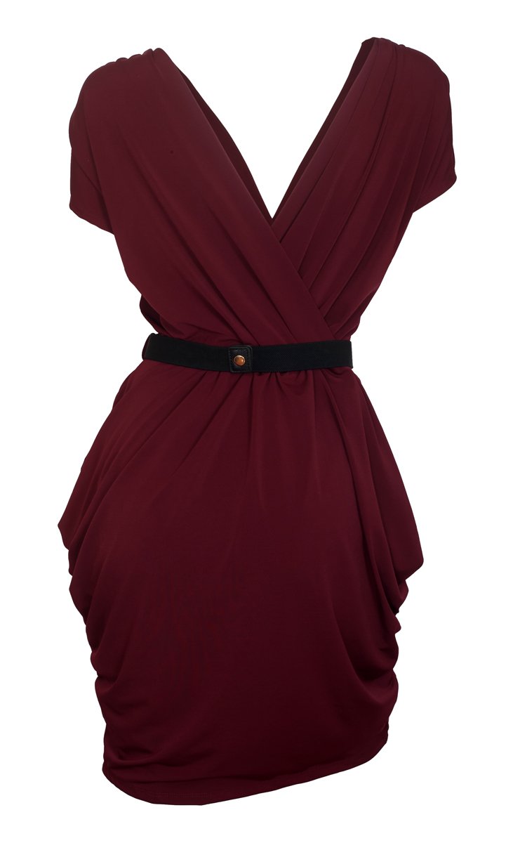 eVogues Plus Size Deep V-Neck Wrap Bodice Dress (2X, Burgundy)